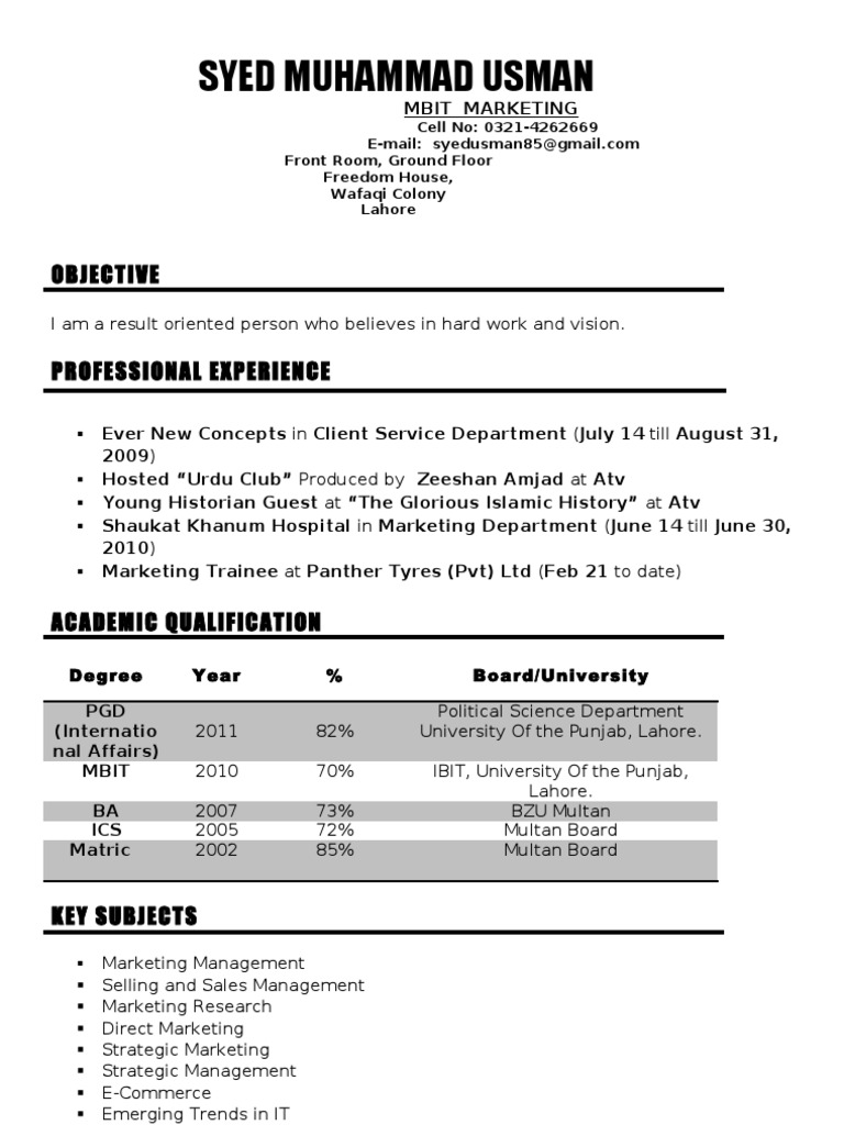 SYED MUHAMMAD USMAN CV | PDF | Marketing | Business