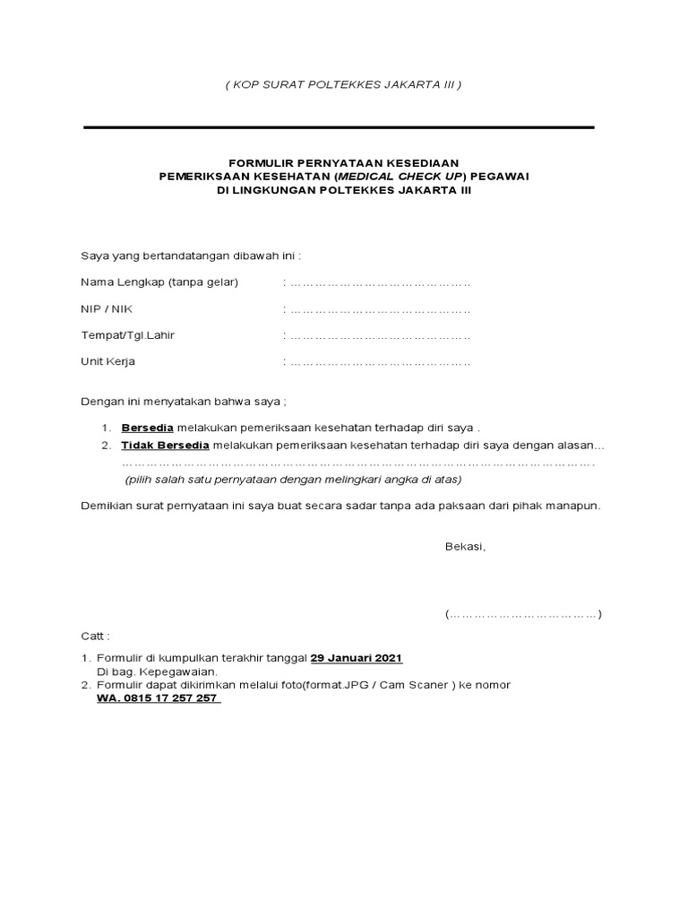 Formulir Kesediaan Mcu Pegawai | PDF