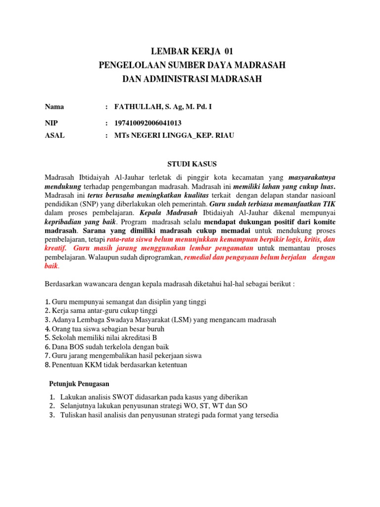 Lembar Kerja 01 Analisis Swot A.N. Fathullah - Kepri | PDF ...