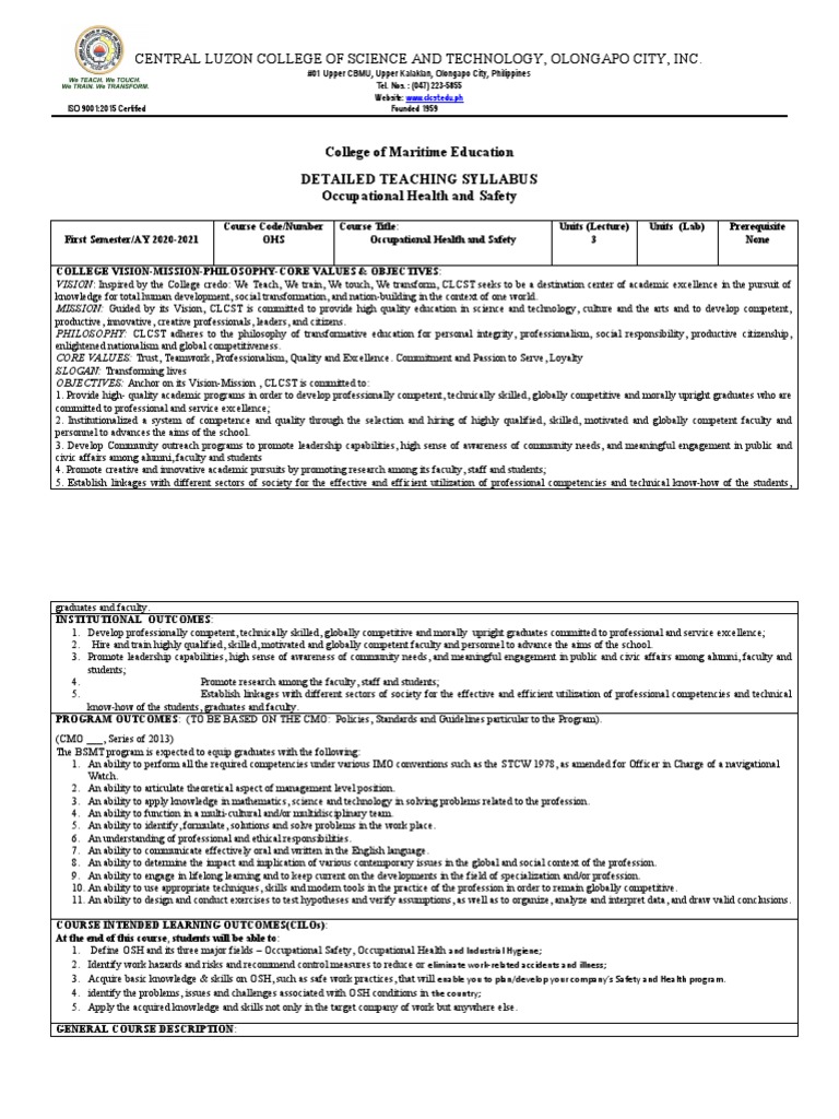 Occupational Health and Safety Syllabus SY2020-2021 | PDF ...