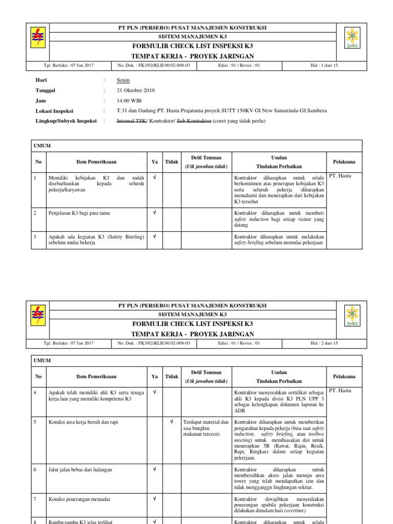 Contoh SMK3 Dan K3L | PDF