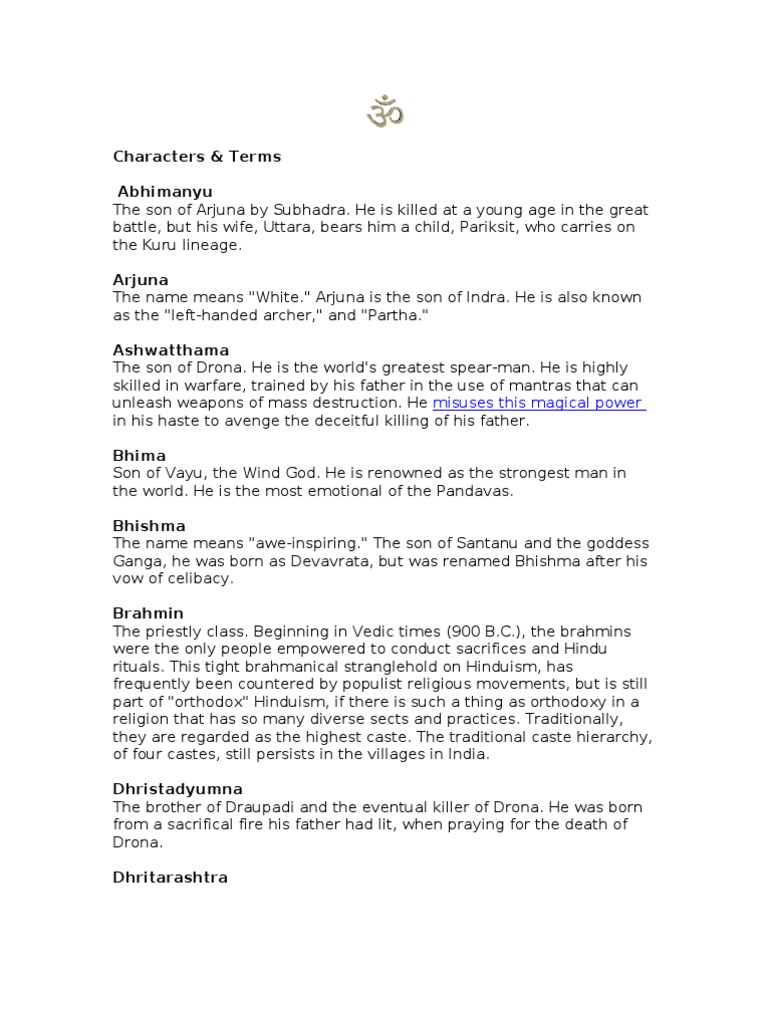Mahabharata: Key Characters Overview | PDF | Mahabharata | Vaishnava Texts