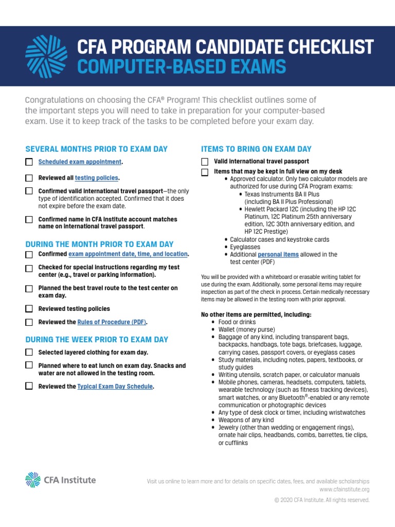 Cfa Candidate CBT Checklist 2020 | PDF | Handbag | Test (Assessment)