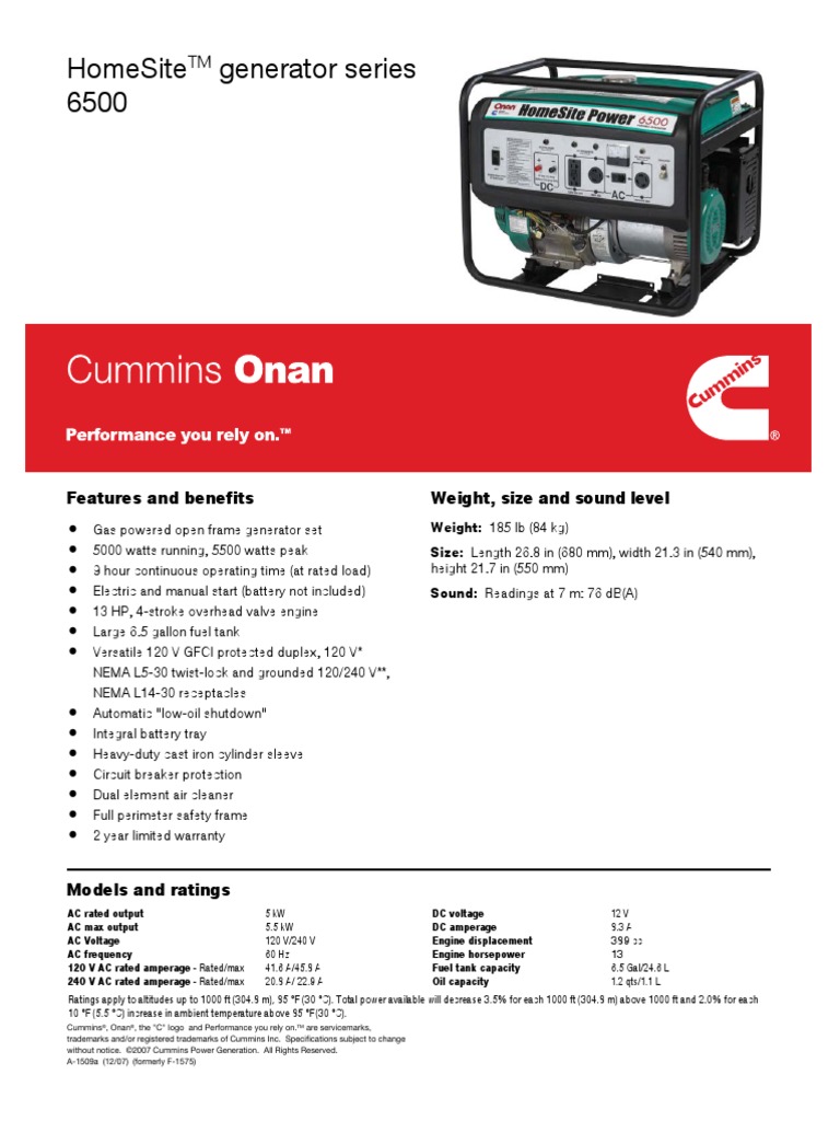 Onan Homesite Power 6500 Generator | PDF | Cummins | Electric Generator
