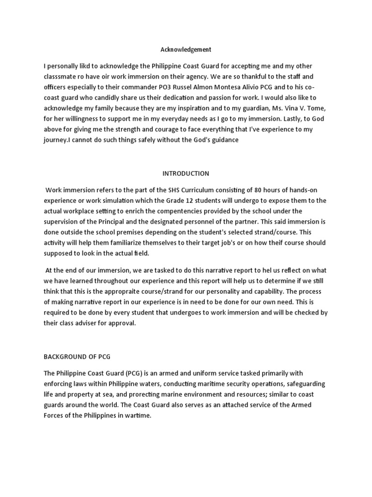 Work Immersion Narrative Report | PDF | Coast Guard