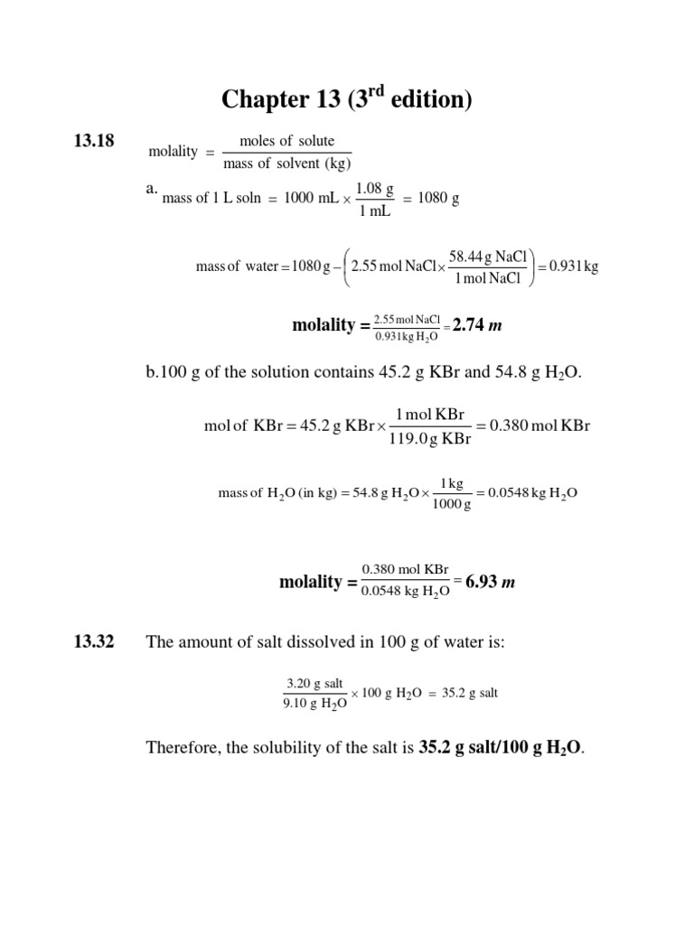 Chapter 13 (3 Edition) : Moles of Solute Molality Mass of Solvent (KG) 1.08 G Mass of 1 L Soln ...