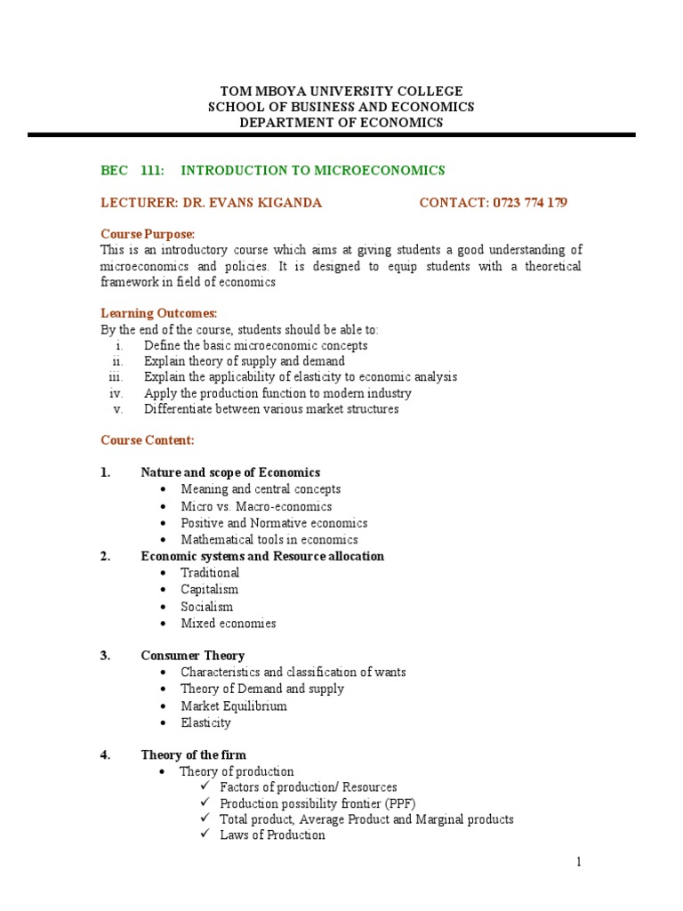 Bec 111 Course Outline | PDF | Microeconomics | Economics