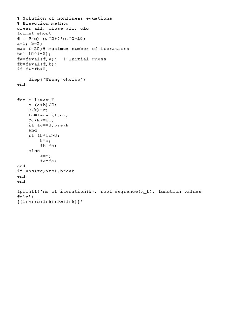 MATLAB Code For Bisection Method | PDF