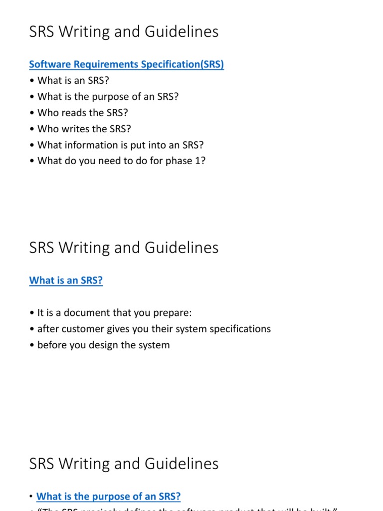 SRS Writing and Guidelines: Software Requirements Specification (SRS ...