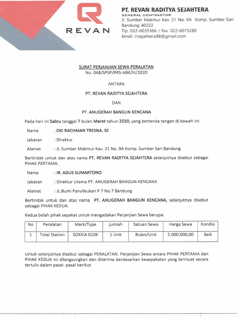Surat Perjanjian Sewa Alat Total Station | PDF Surat Perjanjian Sewa Alat Total Station | PDF
