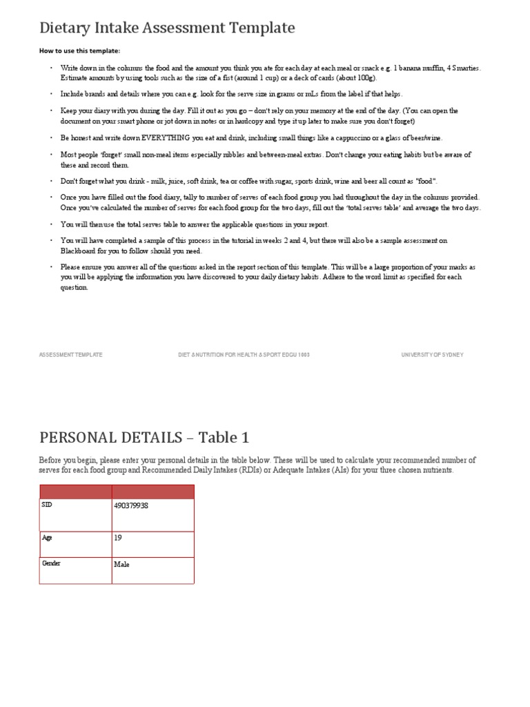 Dietary Intake Assessment Template: How To Use This Template | PDF ...