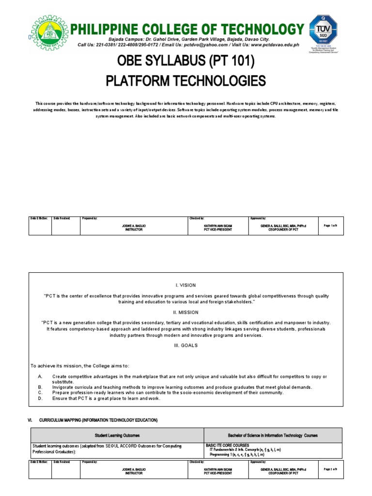 Obe Syllabus (PT 101) Platform Technologies | PDF | Input/Output | Computer Data Storage