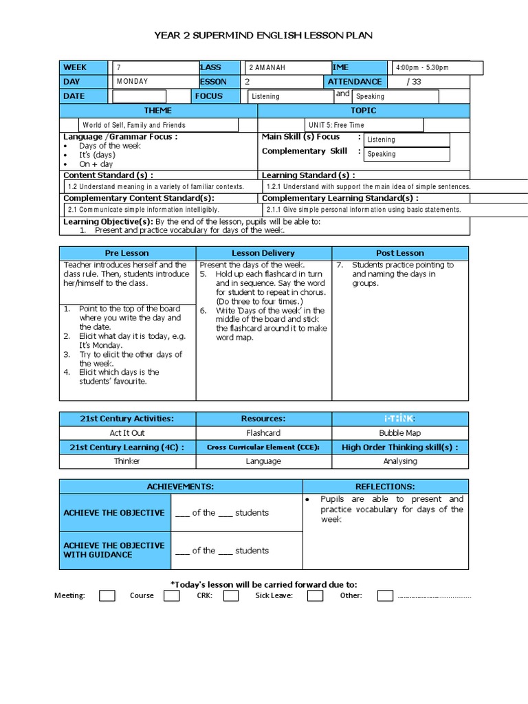 Year 2 Supermind English Lesson Plan | PDF | Lesson Plan | Vocabulary
