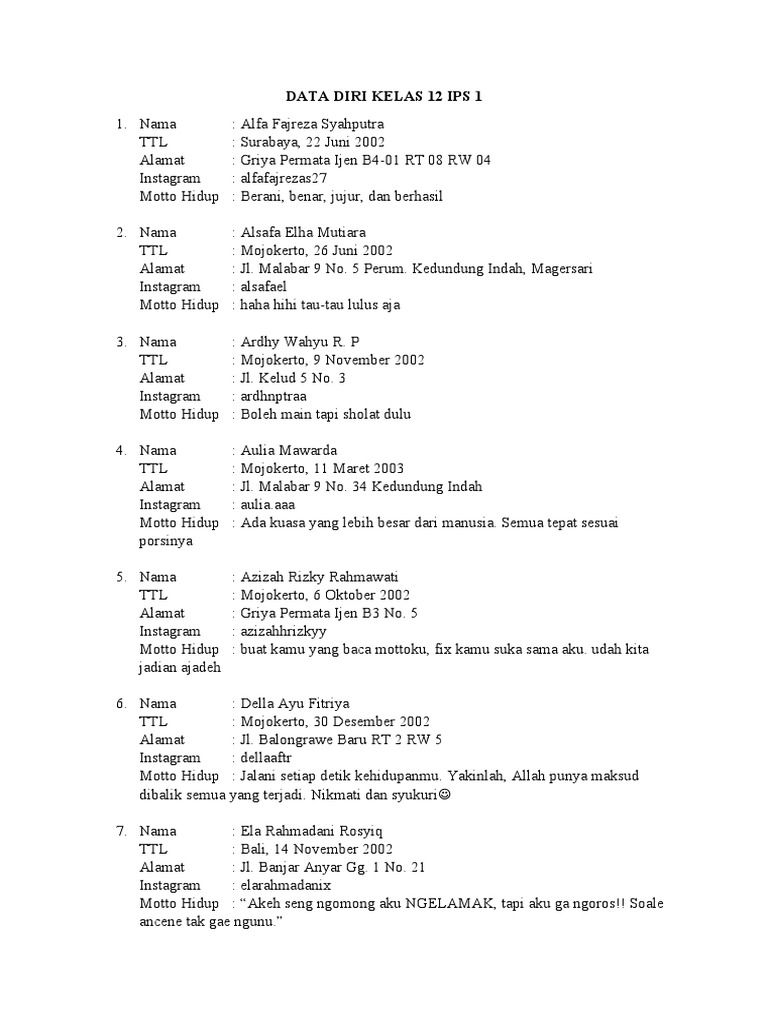 Data Diri Kelas 12 Ips 1 | PDF