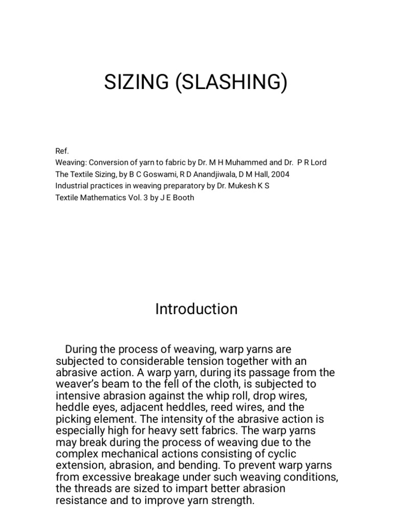Sizing (Slashing) | PDF | Weaving | Yarn