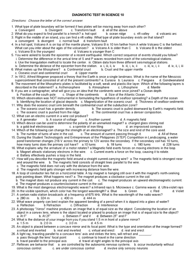 Diagnostic Test in Science 10 | PDF | Plate Tectonics | Chemical Reactions