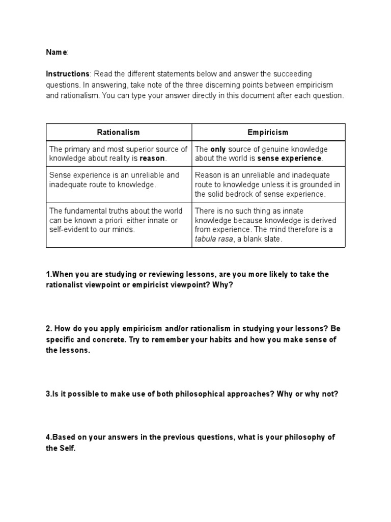 Assignment Worksheet For Philosophy of The Self | PDF
