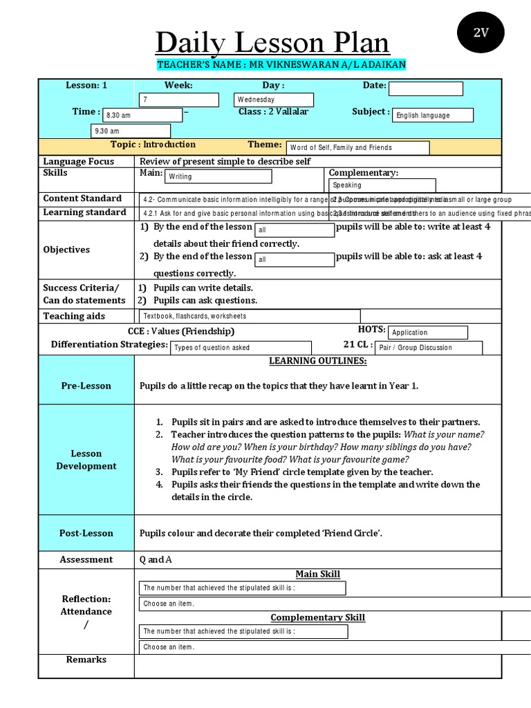 Daily Lesson Plan: Teacher'S Name: MR Vikneswaran A/L Adaikan | PDF | Lesson Plan | Human ...