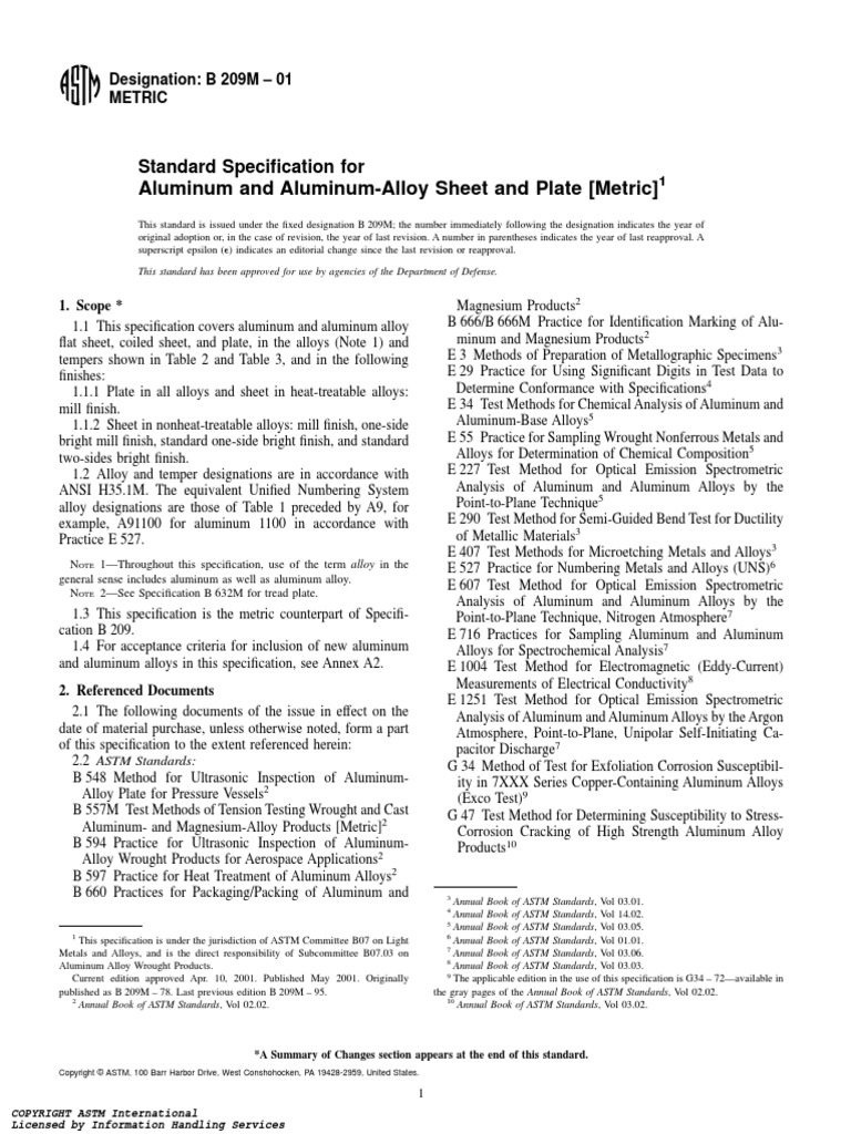 Astm B209 B209M (2001) | Download Free PDF | Sheet Metal | Heat Treating