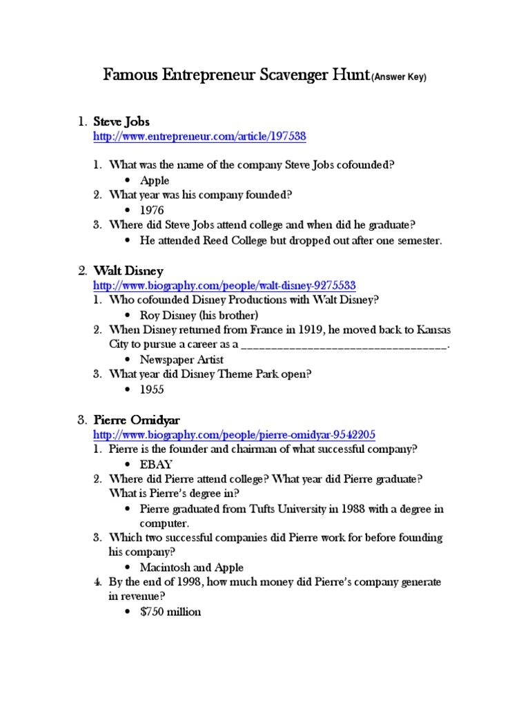 Famous Entrepreneur Scavenger Hunt | PDF | Oprah Winfrey | Steve Jobs