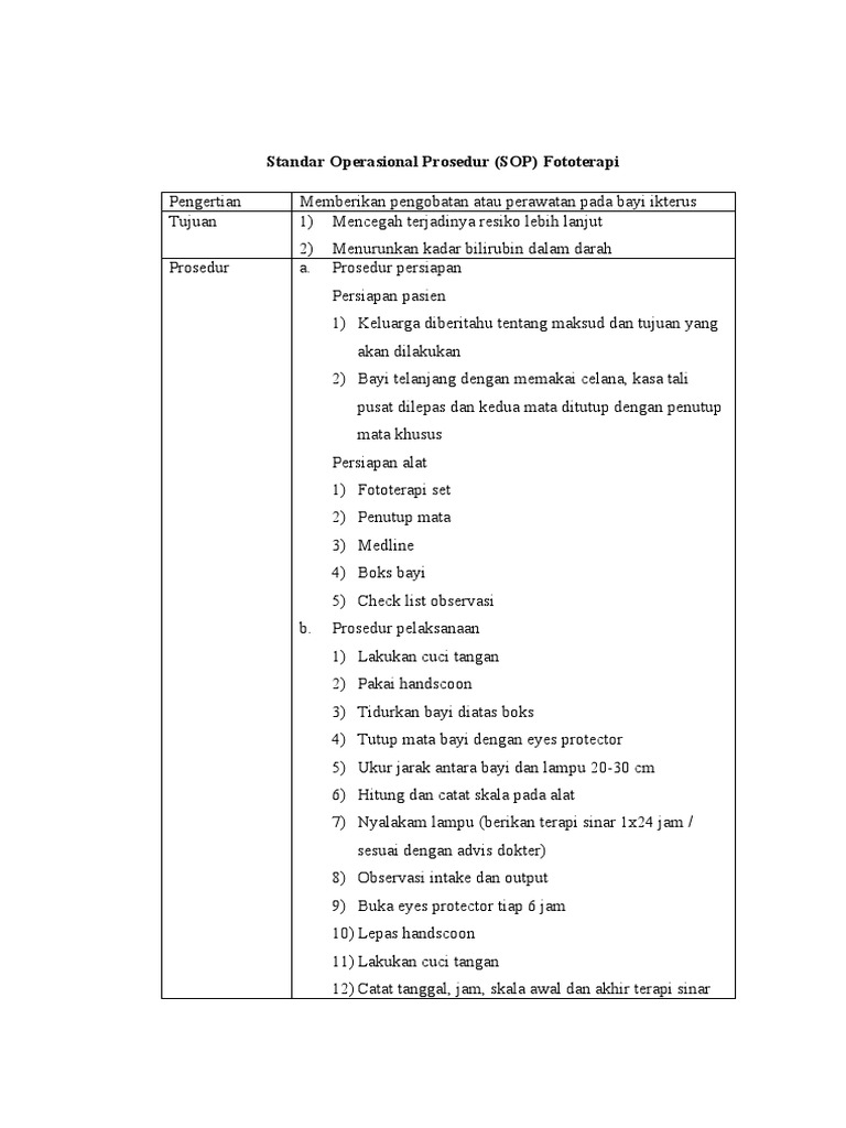 Standar Operasional Prosedur Fototerapi | PDF