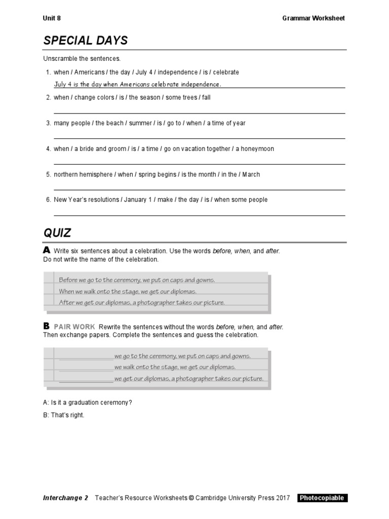 Special Days: Unit 8 Grammar Worksheet | PDF