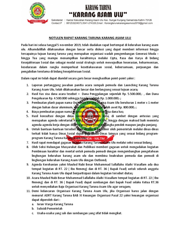 Notulen Rapat Karang Taruna Karang Asam Ulu 05 11 2019 | PDF | Bisnis ...