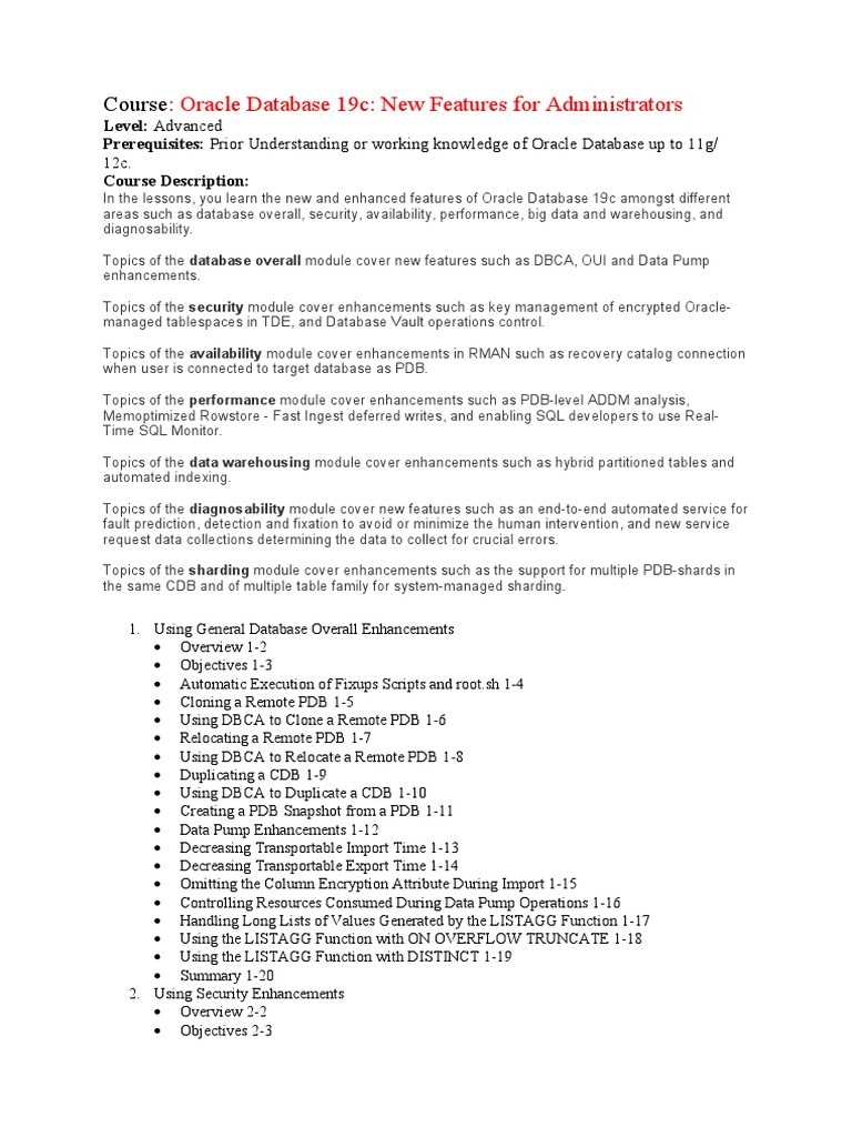 Oracle 19c Database Administrator Features | PDF | Databases | Sql