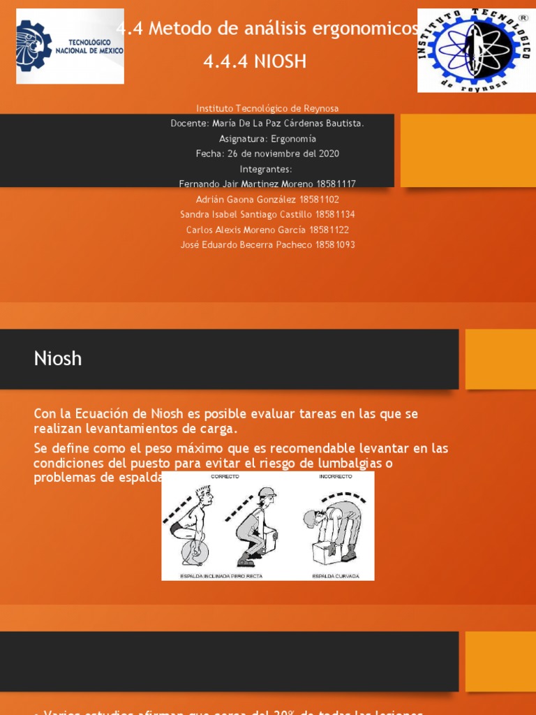 Equipo 7 Metodo NIOSH | PDF | Dolor lumbar | Factores humanos y ergonomía