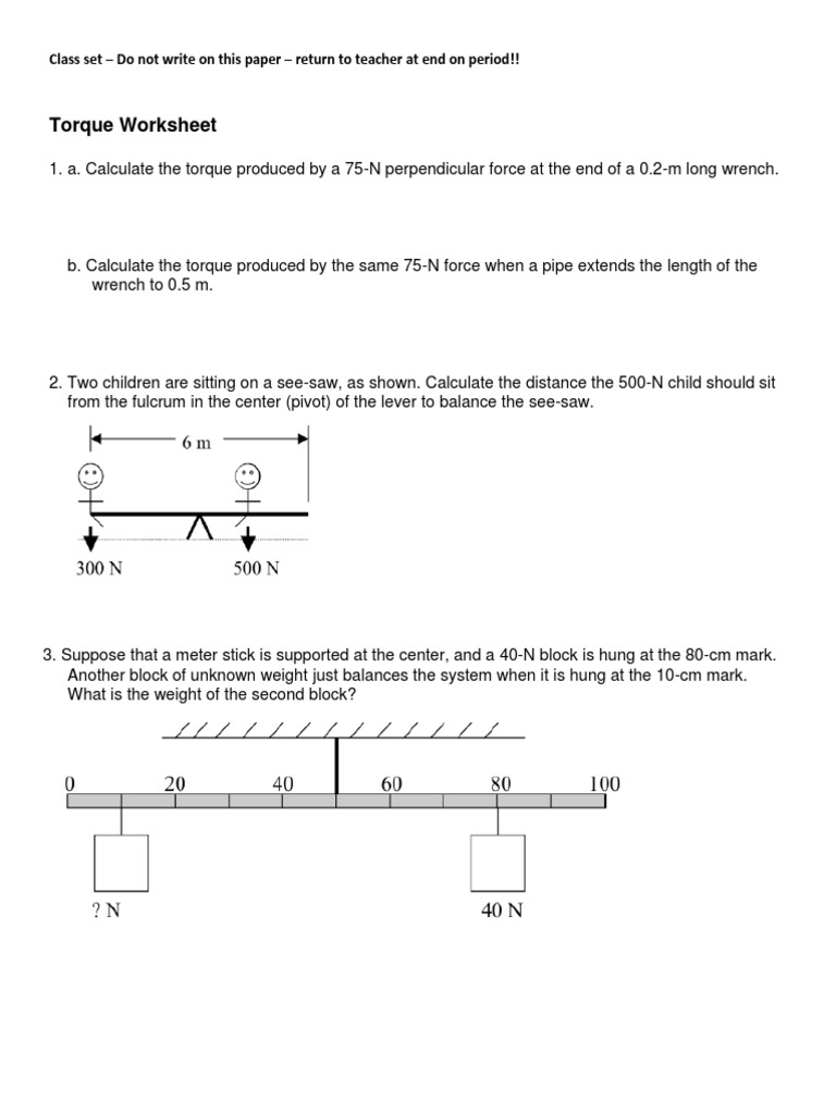Torque Worksheet Class Set Do Not Write On This Paper Return To