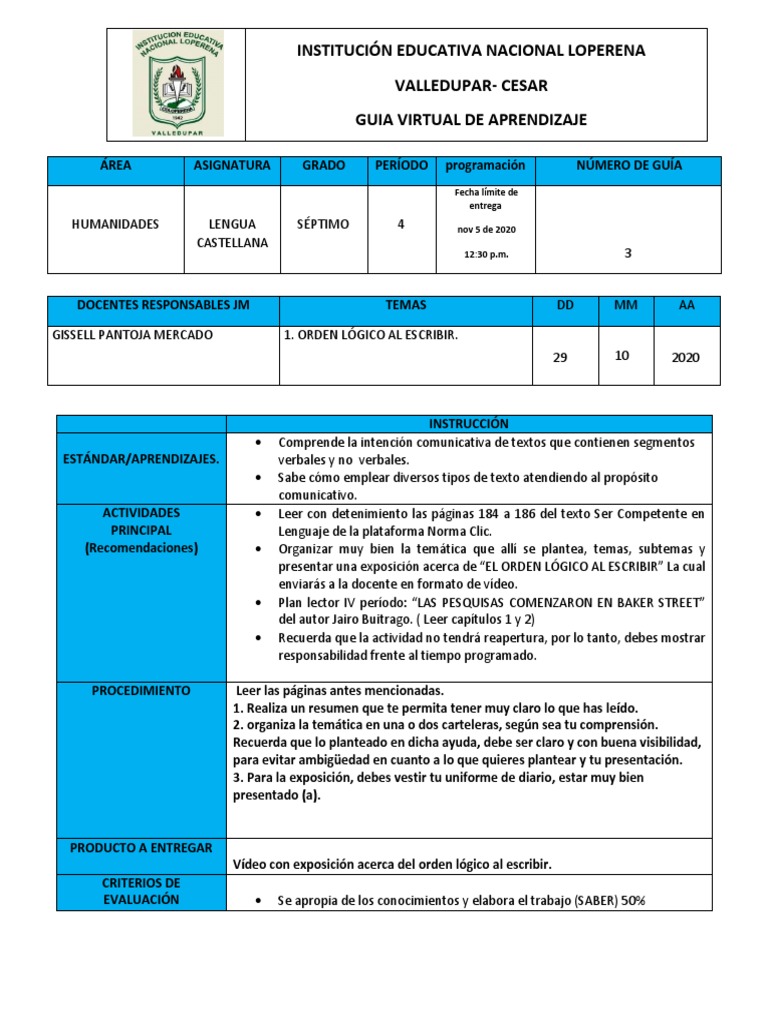 Guía 3 - El Orden Lógico Al Escribir. Séptimo | PDF | Aprendizaje ...