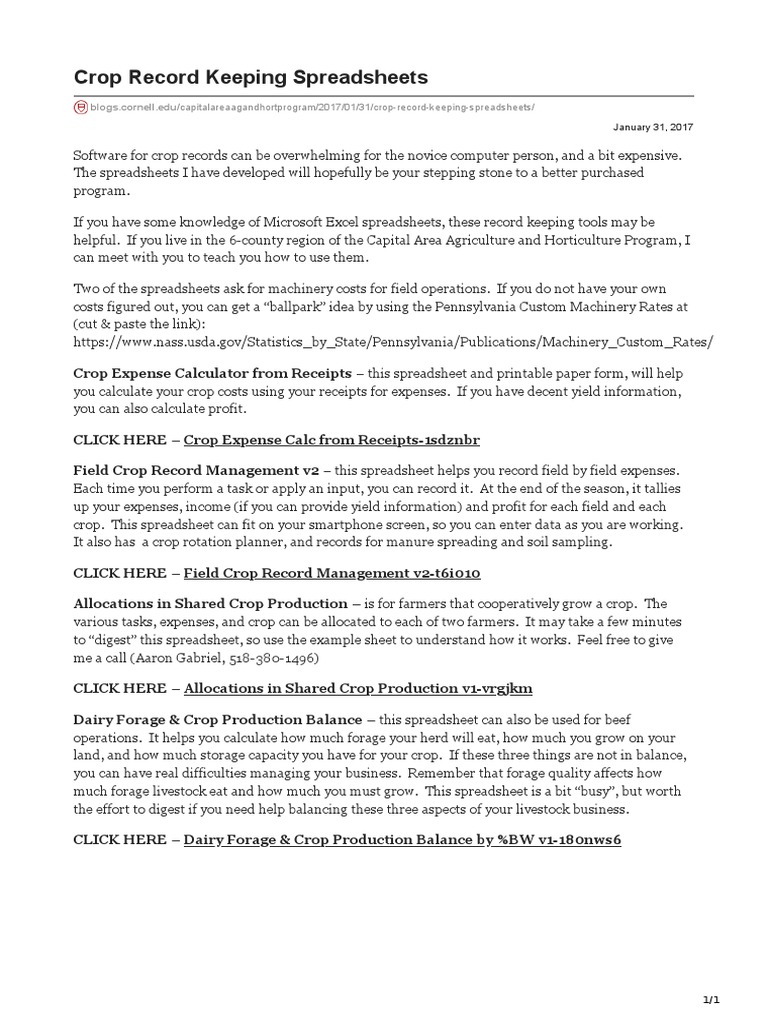 Blogs - Cornell.edu-Crop Record Keeping Spreadsheets | PDF ...