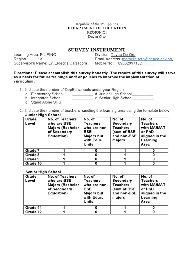 Filipino-Survey Instrument | PDF | Bachelor's Degree | Teachers