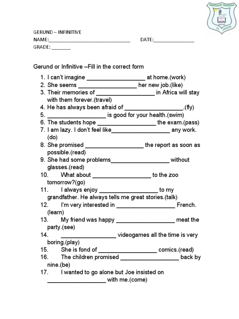 Gerund - Infinitive NAME: - DATE: - GRADE | PDF