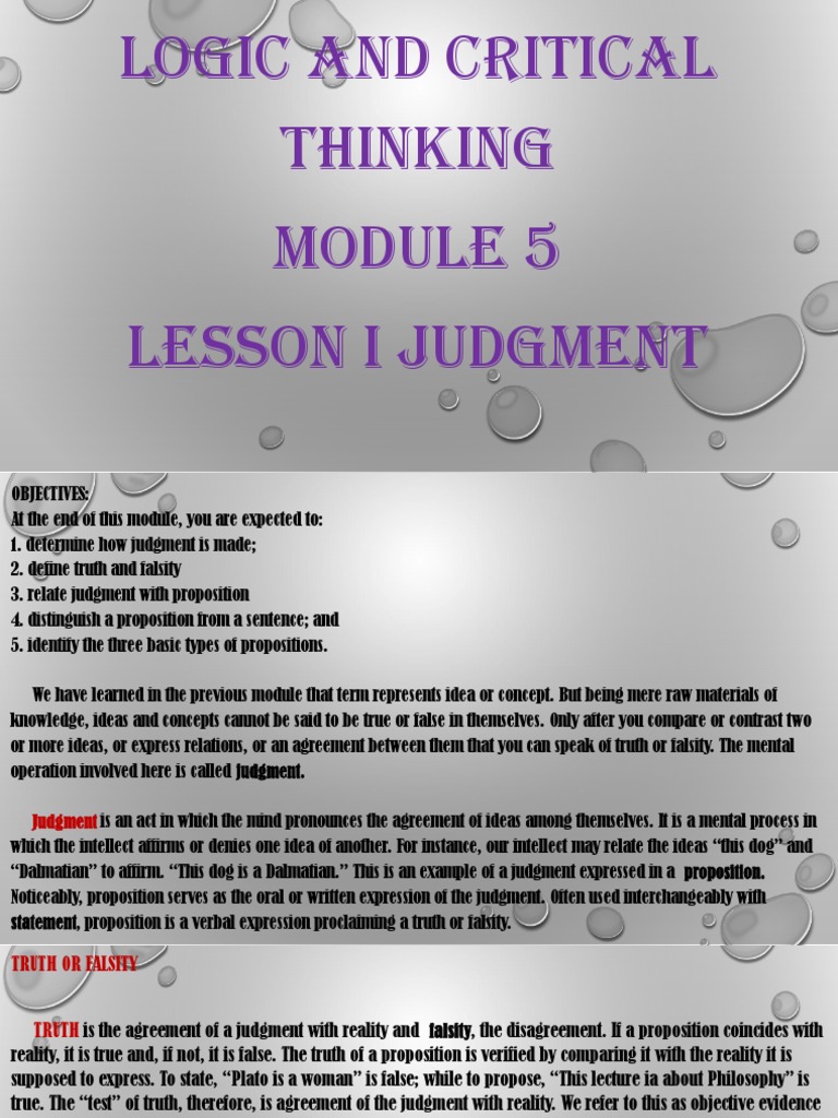 Logic and Critical Thinking Lesson I Judgment | PDF | Proposition | Idea