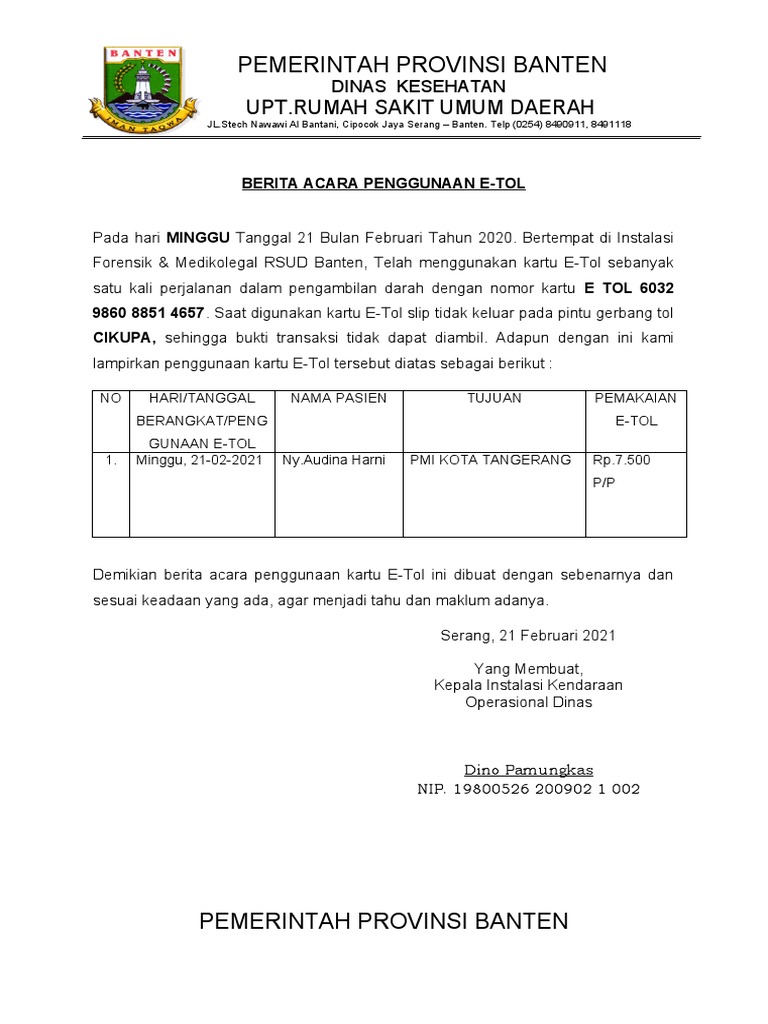 Berita Acara Penggunaan e Tol | PDF