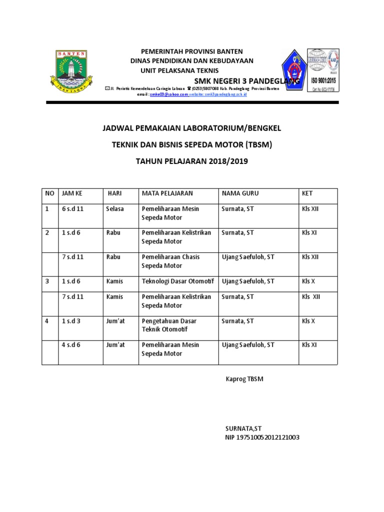 JADWAL PENGGUNAAN LABORATORIUM TBSM SMK NEGERI 3 PANDEGLANG | PDF