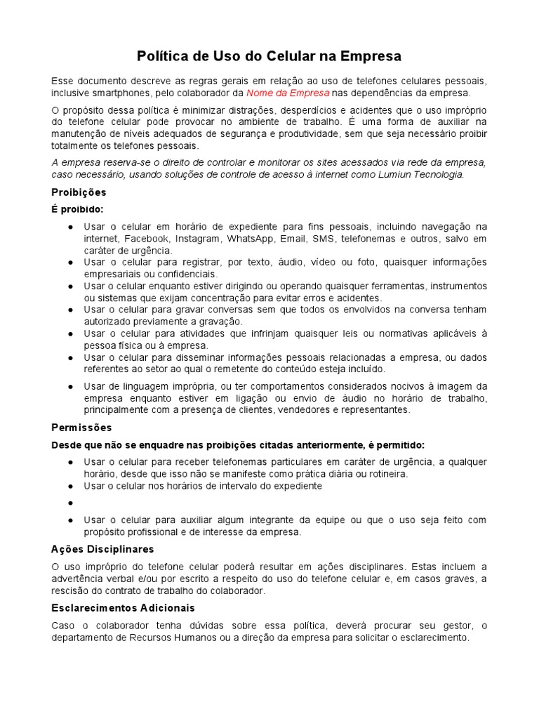 Política de Uso Do Celular Na Empresa | PDF | Celulares | Internet