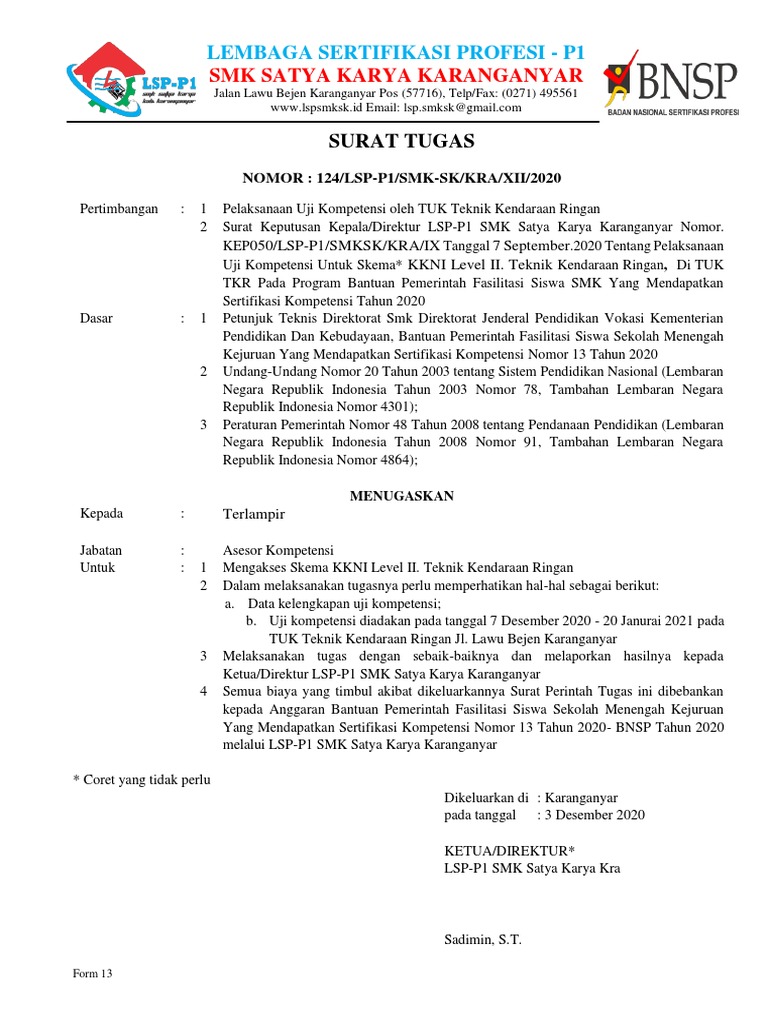 Surat Tugas Asesor TKR | PDF