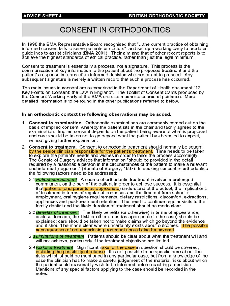 Consent in Orthodontics: Advice Sheet 4 British Orthodontic Society ...