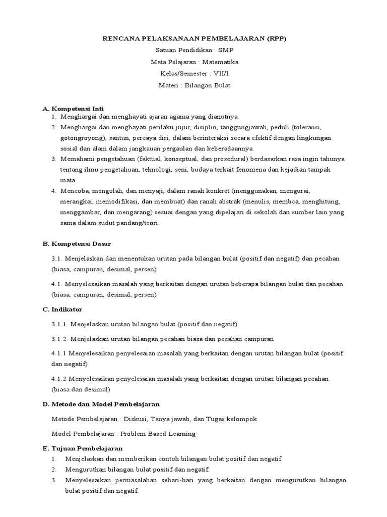 RPP SMP Kelas 7 Bilangan Bulat | PDF | Karier & Perkembangan | Metode & Bahan Ajar