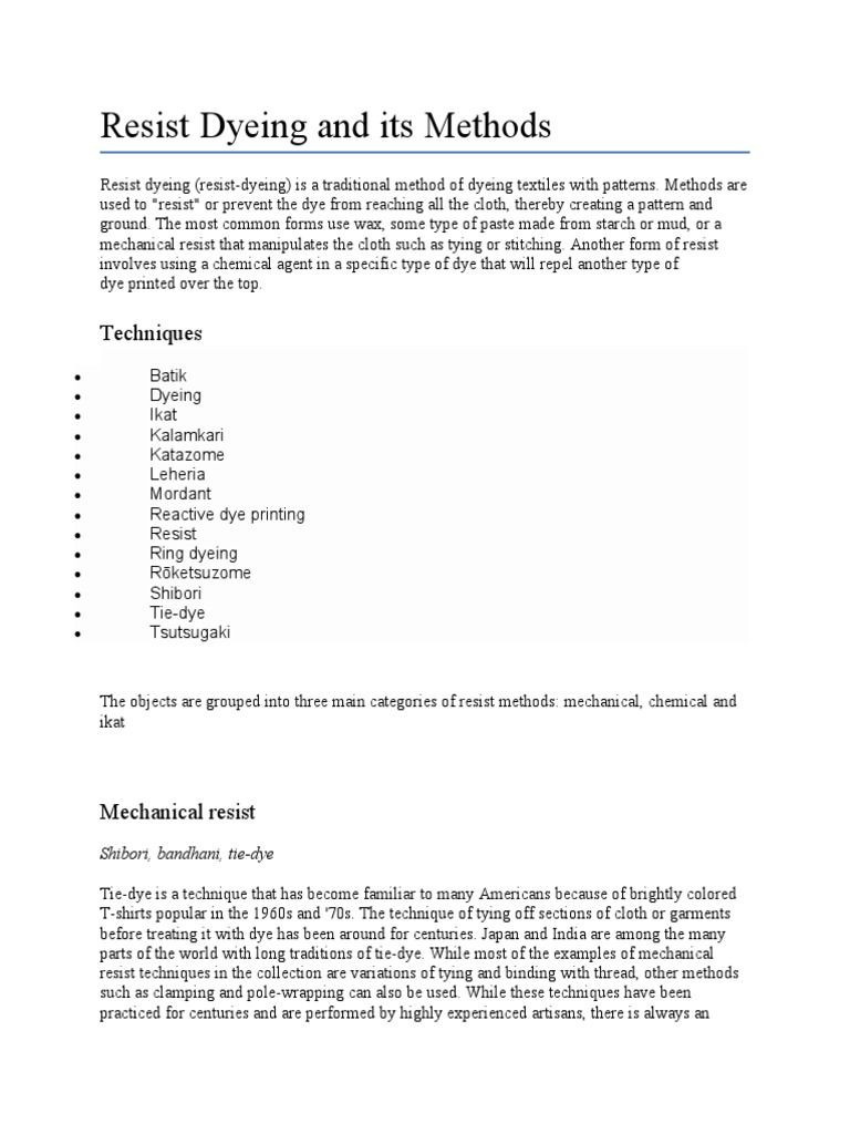 Overview of Resist Dyeing Techniques | PDF | Textiles | Handicrafts