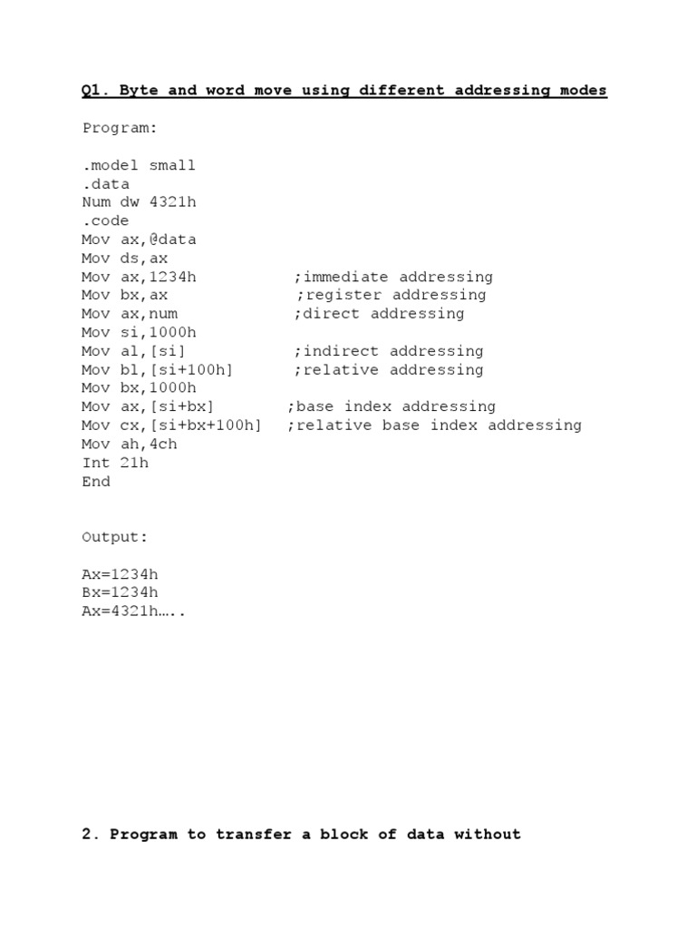 Q1. Byte and Word Move Using Different Addressing Modes | PDF ...