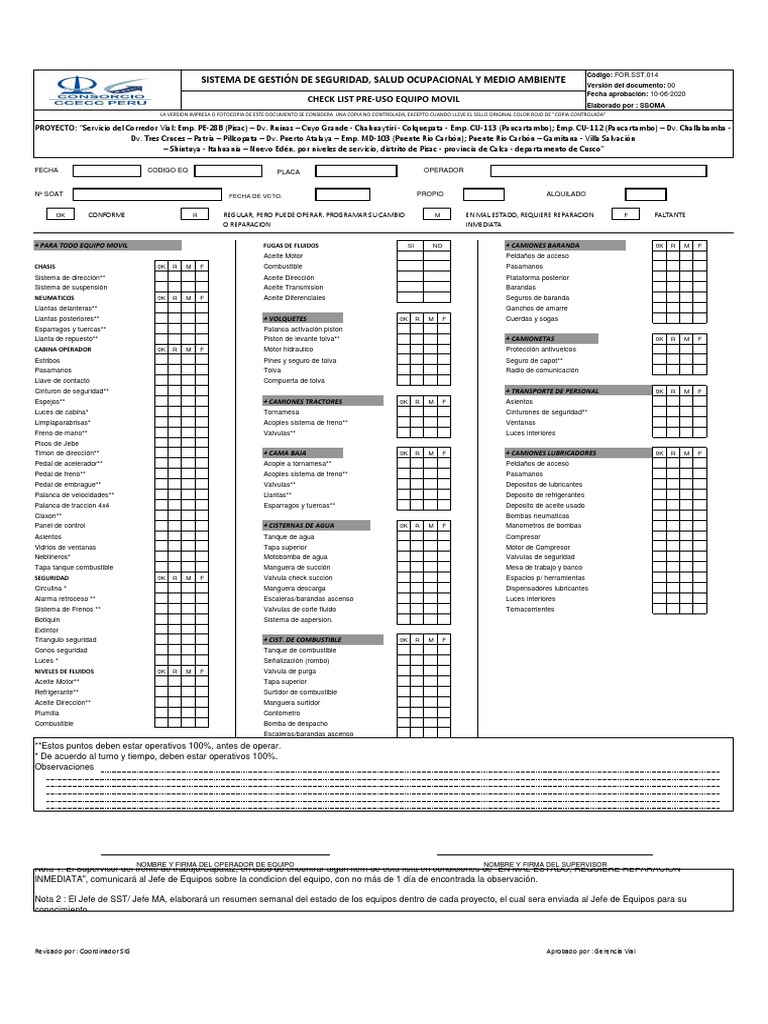 FOR-SST-014 - Check List Diaria de Vehículos y Equipos | PDF ... FOR-SST-014 - Check List Diaria de Vehículos y Equipos | PDF ...