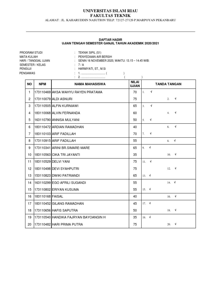 Absensi Dan Nilai UTS Penyediaan Air Bersih | PDF