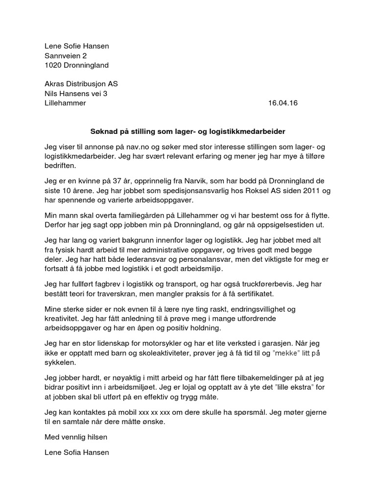 Soknad Lager Og Logistikkmedarbeider | PDF