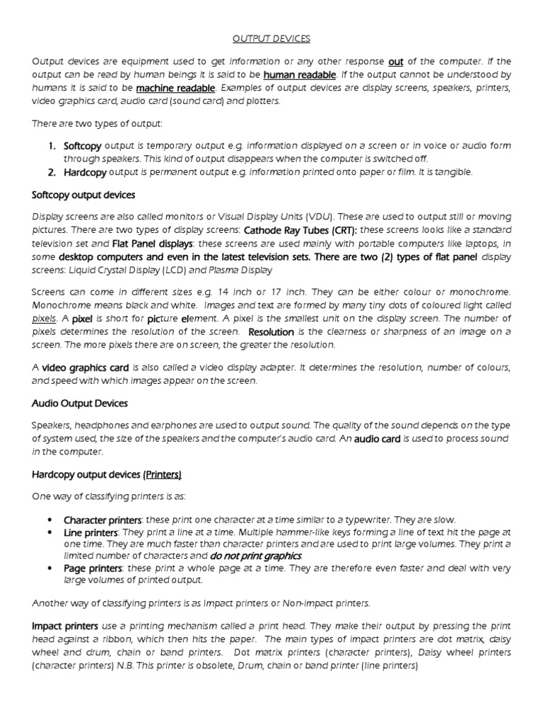 Output Devices Notes | PDF | Printer (Computing) | Computer Monitor