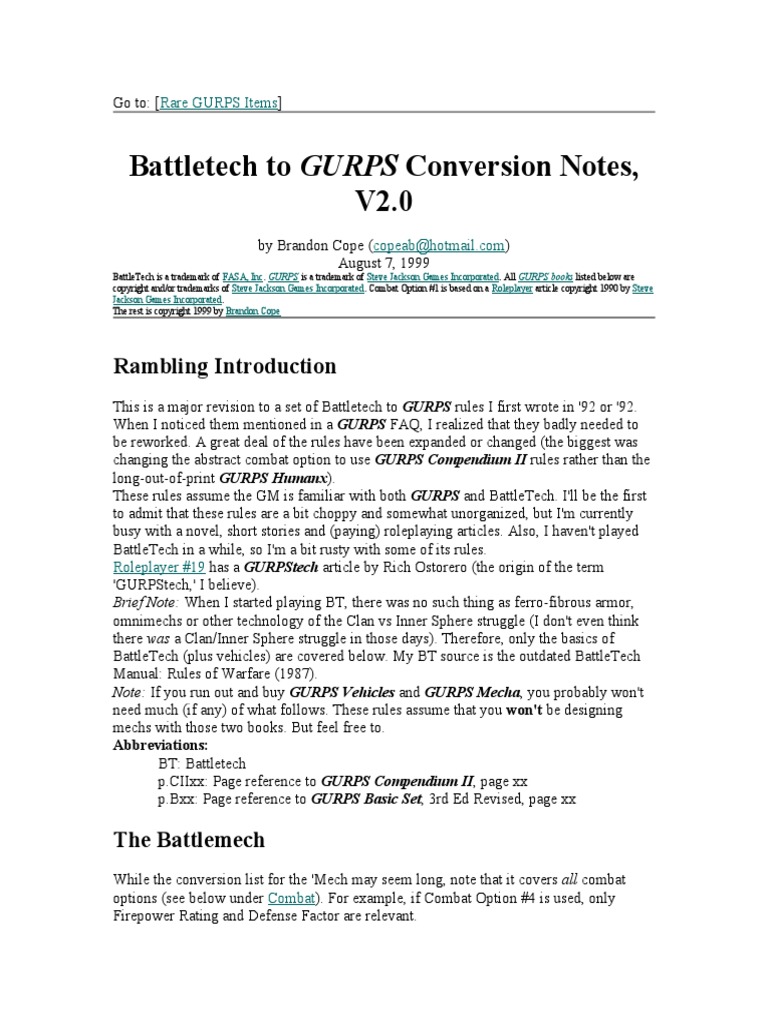 Battletech To GURPS Conversion Notes, V2.0: Rambling Introduction | PDF ...