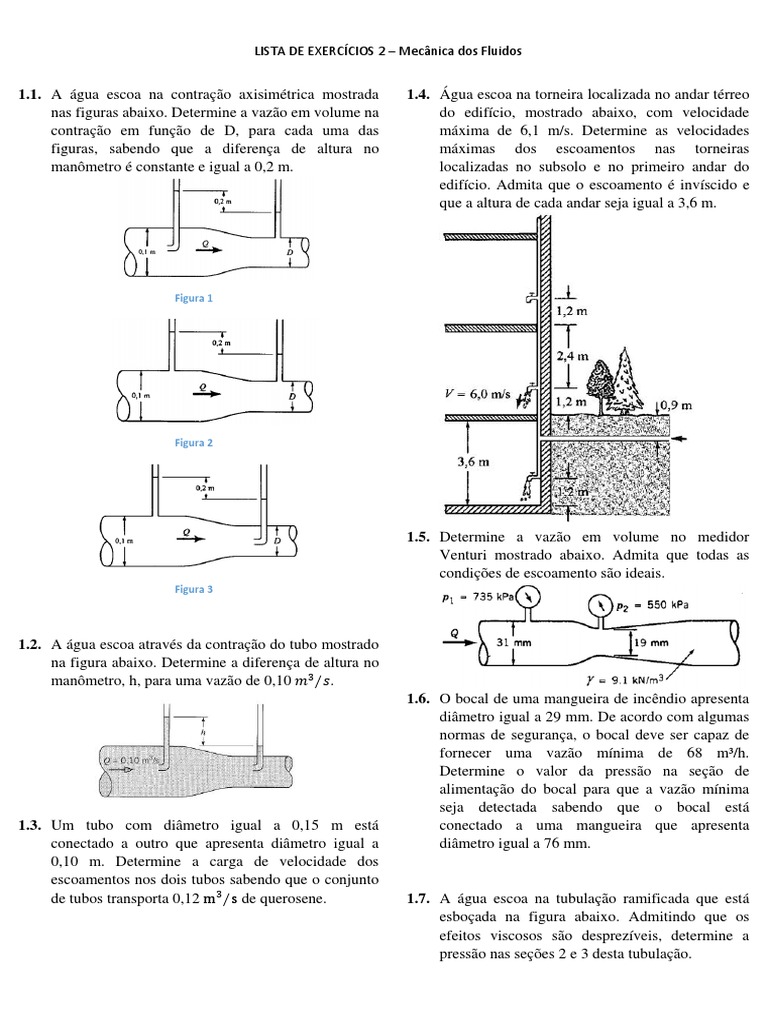 Lista de Exercícios 2 - Mecflu | PDF | Descarga (hidrologia) | Mecânica dos fluidos