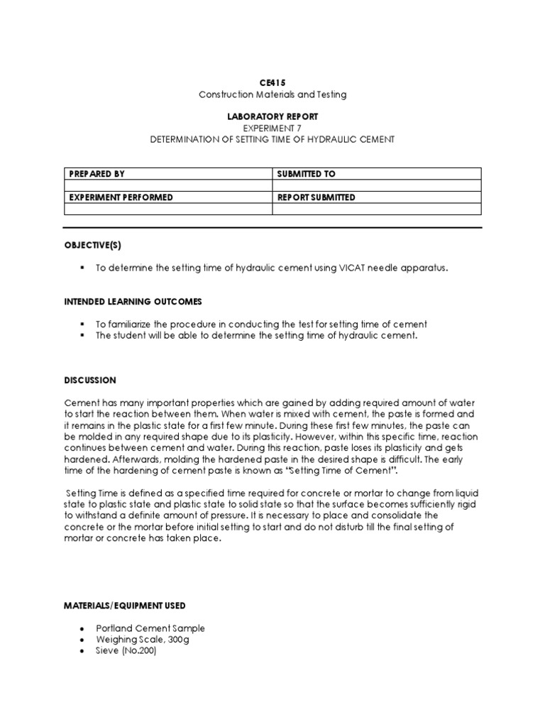 Setting Time Test for Hydraulic Cement | PDF | Concrete | Mortar (Masonry)